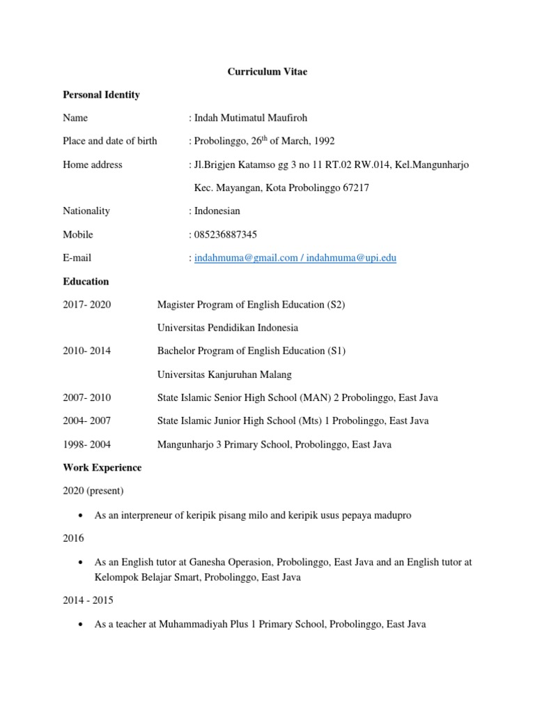 Curriculum Vitae RG | PDF | English As A Second Or Foreign Language | Indonesia