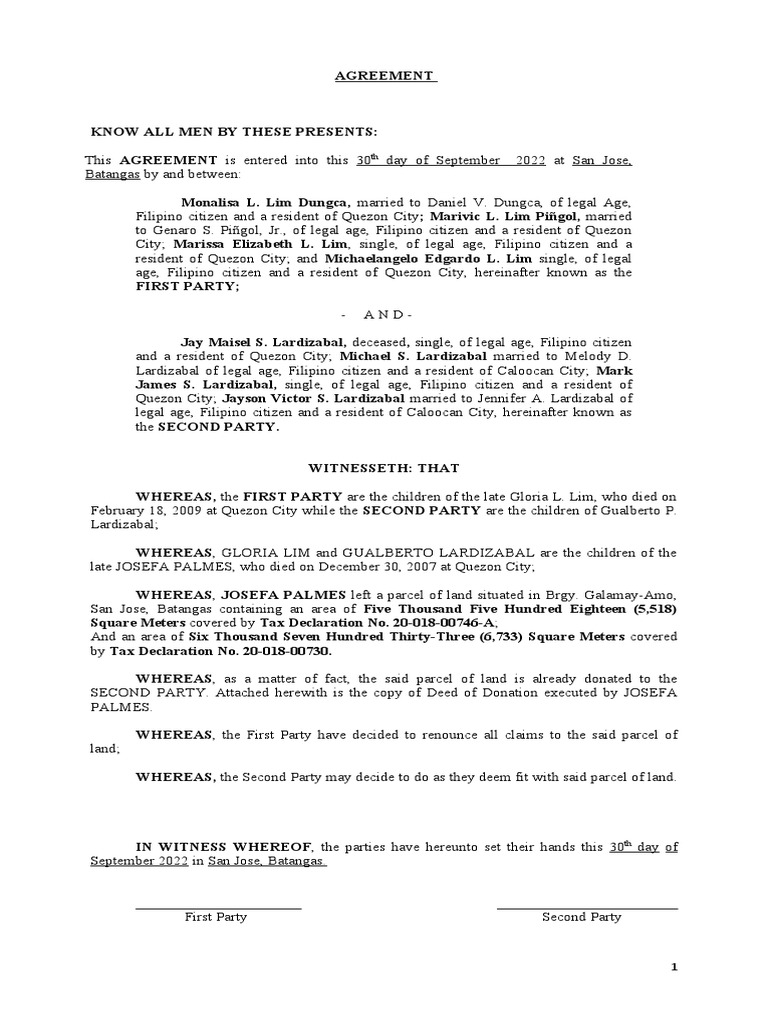 Agreement Renouncing Claims to Inherited Property in Batangas | PDF ...