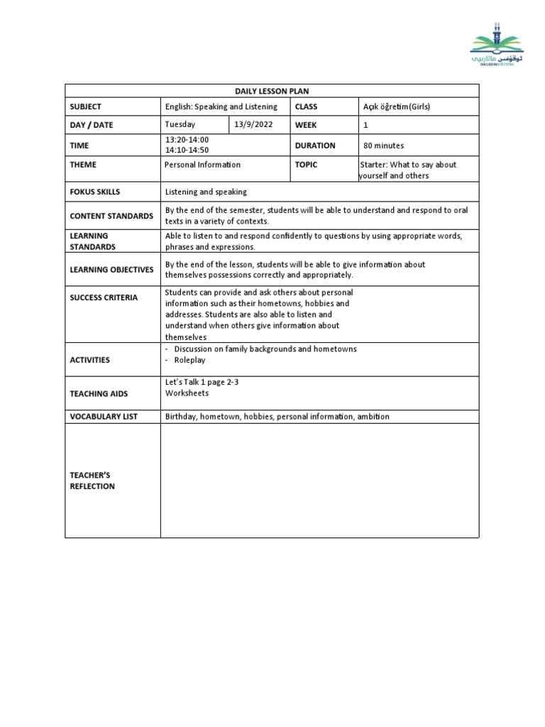 Daily Lesson Plan Week 1 Sem 1 Sept 2022 | PDF