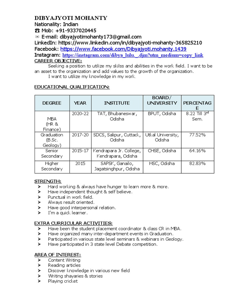 Dibyajyoti Mohanty - HR & Finance MBA Resume | PDF | Cognition | Learning