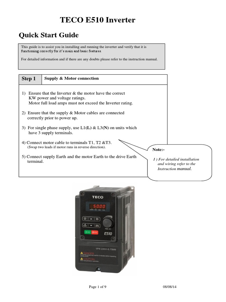TECO E510 Inverter. Quick Start Guide. Step 1. Supply & Motor Connection | PDF | Power Inverter ...
