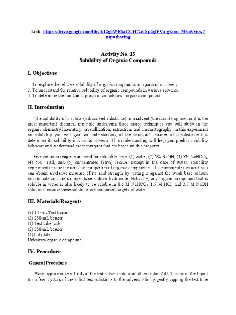 Activity No13 Solubility of Organic Compounds | PDF | Solubility | Ethanol