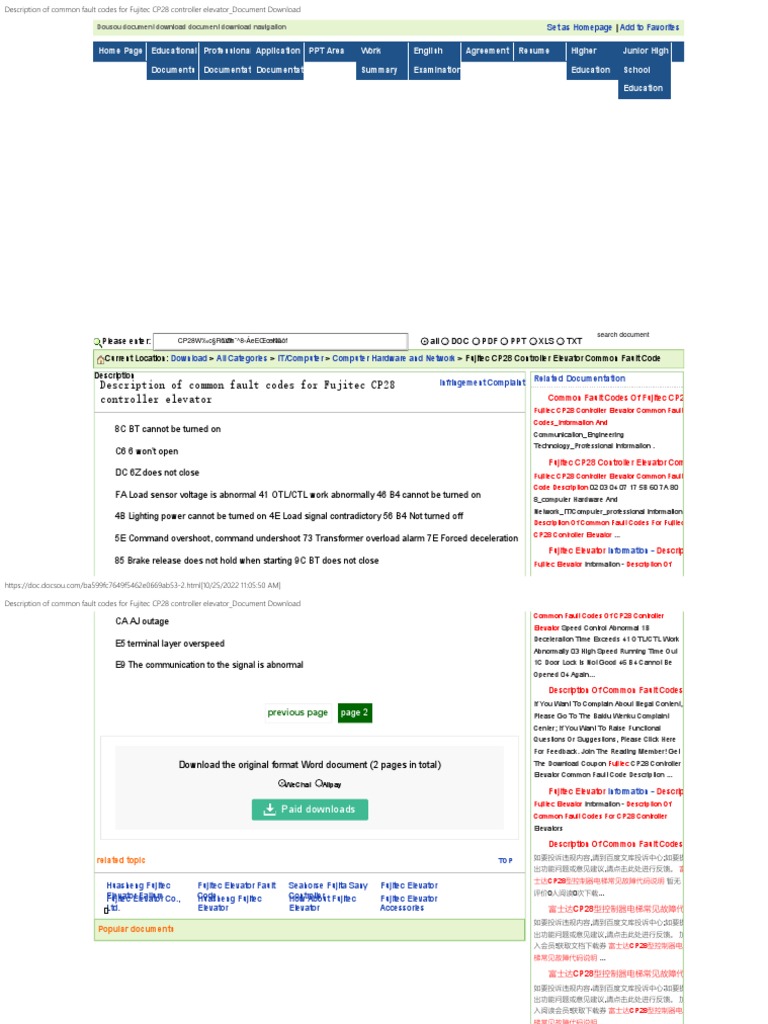 Description of Common Fault Codes For Fujitec CP28 Controller Elevator p2 | Download Free PDF ...