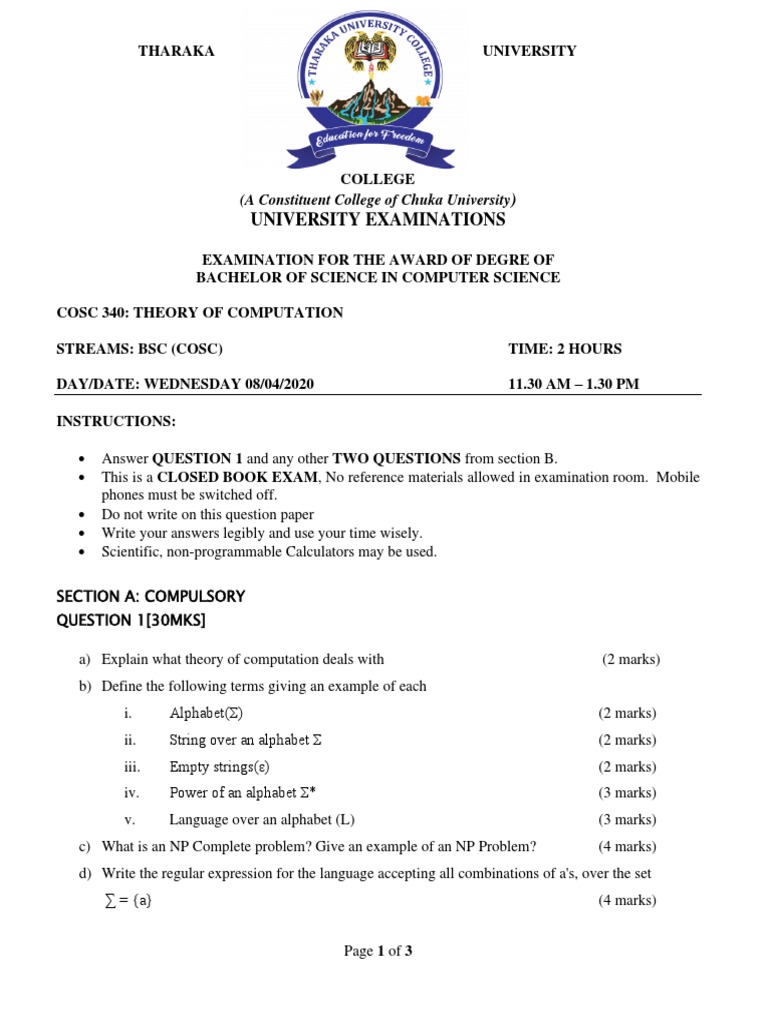 Theory of Computation Exam: Questions on Regular Expressions, Context-Free Grammars, Turing ...