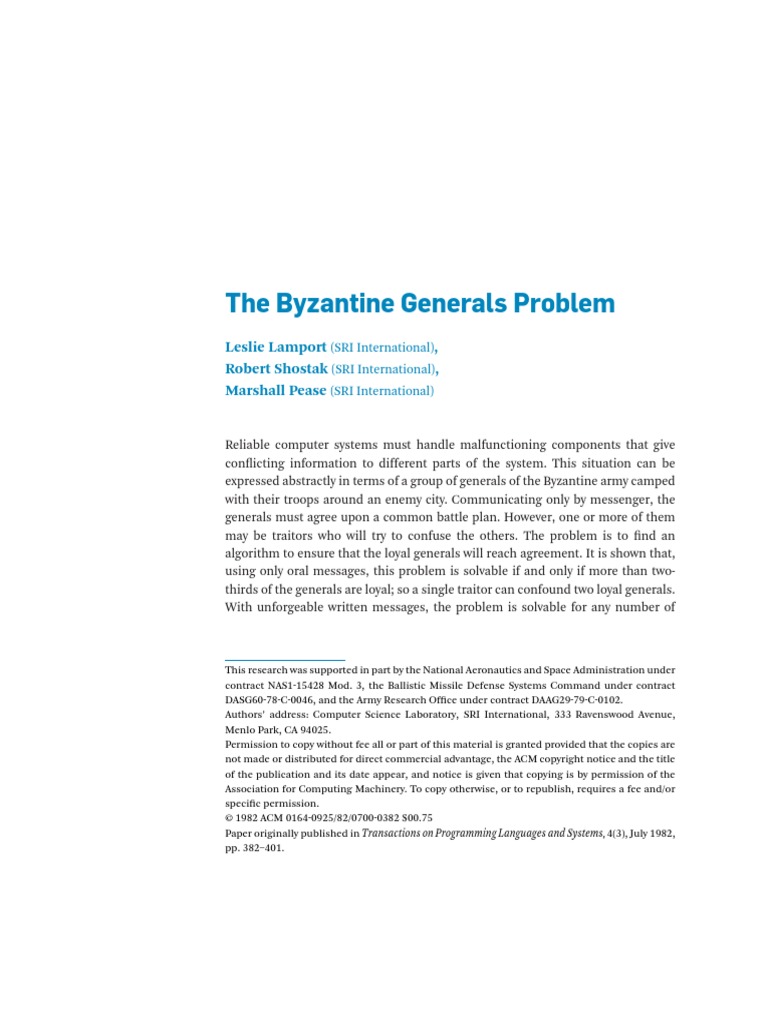 The Byzantine Generals Problem: Leslie Lamport, Robert Shostak, Marshall Pease | PDF