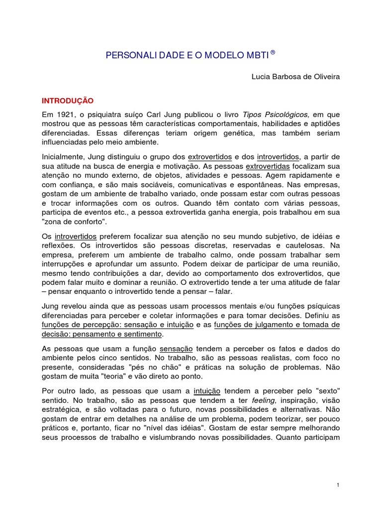 Personalidade e o Modelo Mbti | PDF | Pensamento | Psicologia