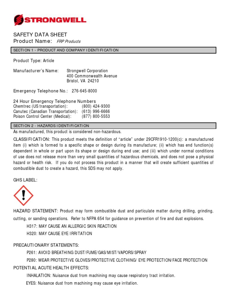 FRP MSDS | PDF | Dust | Resource Conservation And Recovery Act