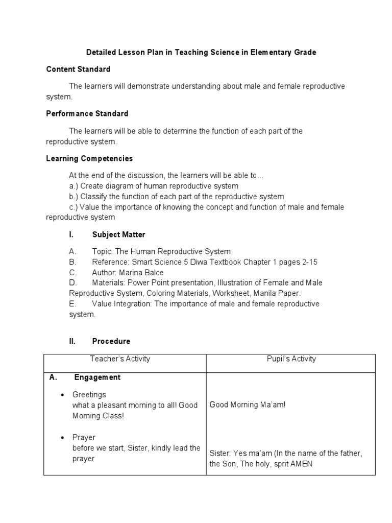 Detailed Lesson Plan Reproductive System | PDF | Reproductive System ...
