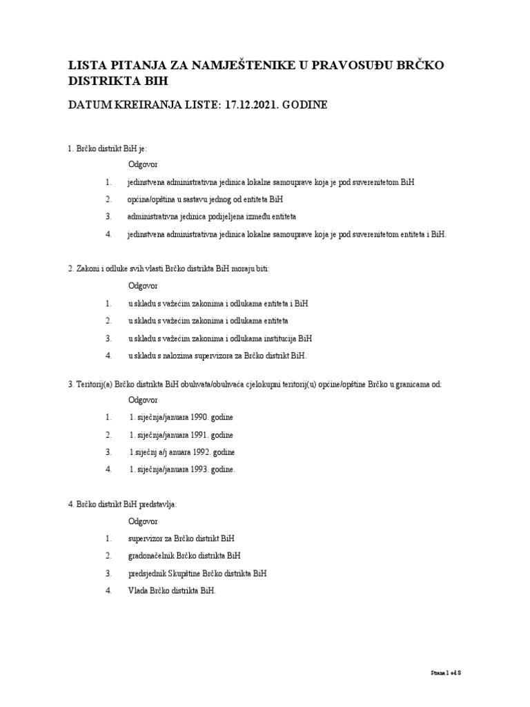 Lista Pitanja Za Namještenike U Pravosuđu Brčko Distrikta Bih Datum Kreiranja Liste: 17.12.2021 ...