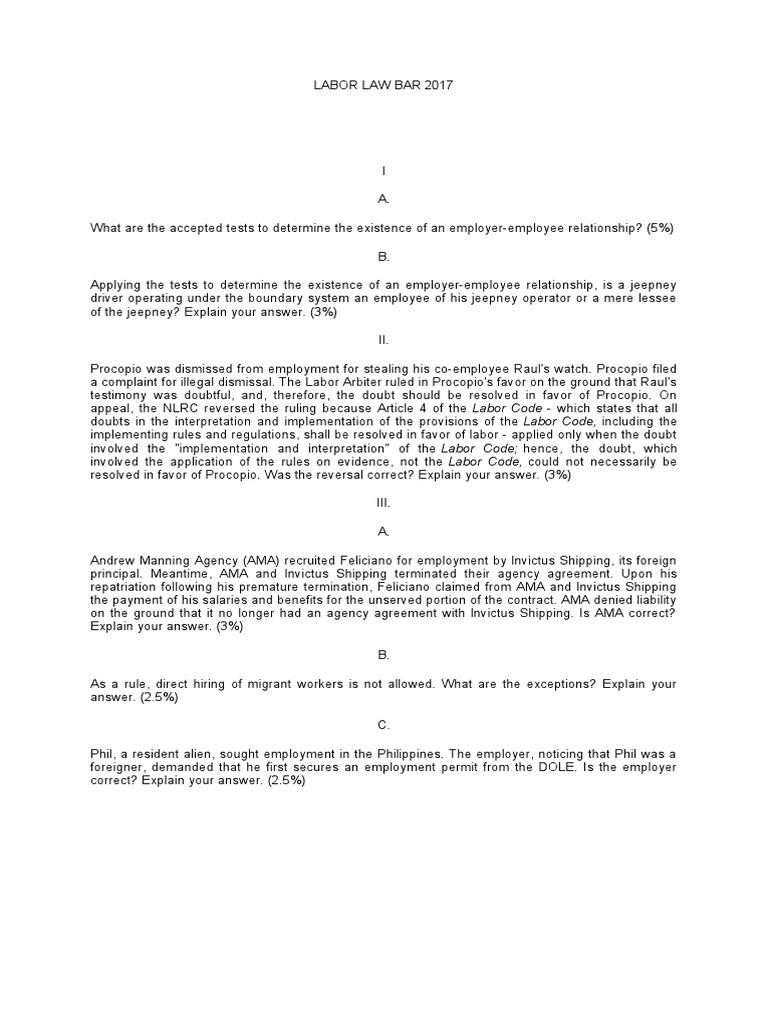 Labor Law Bar 2017 | PDF | Employment | Labour Law
