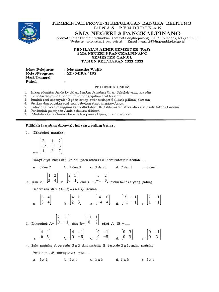 Soal Pas MTK Wajib KLS Xi 2022 | PDF