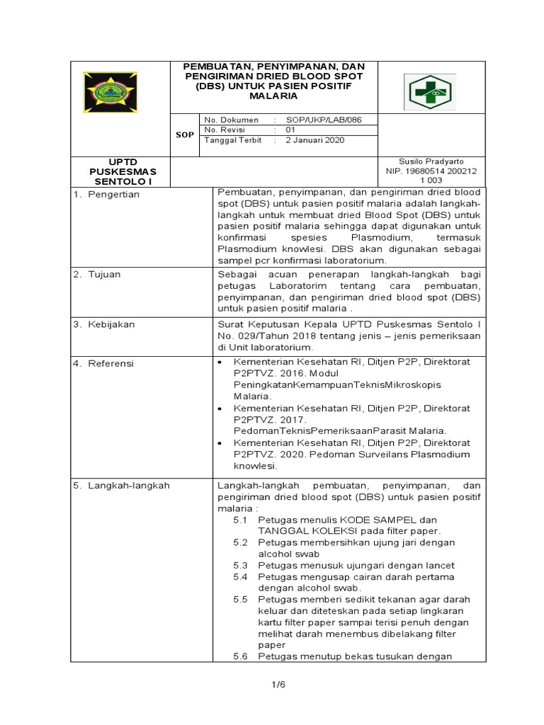8.1.1.1 Sop Pembuatan, Penyimpanan, Dan Pengiriman Dried Blood Spot (DBS) Untuk Pasien Positif ...