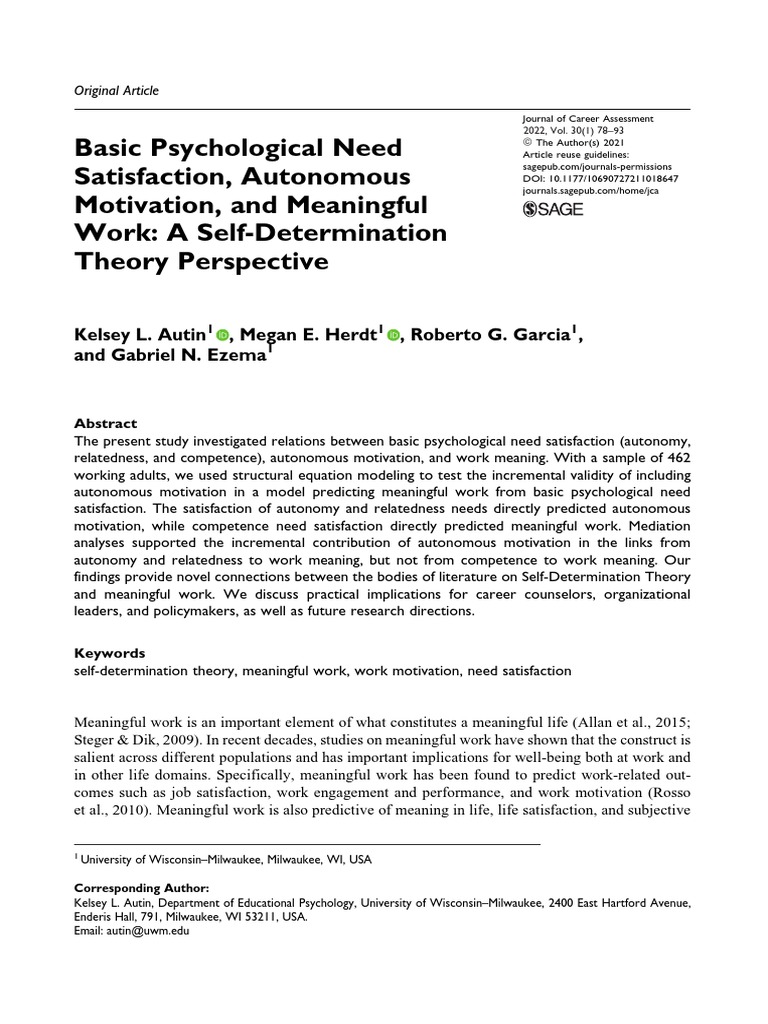 Basic Psychological Need Satisfaction, Autonomous Motivation, and ...