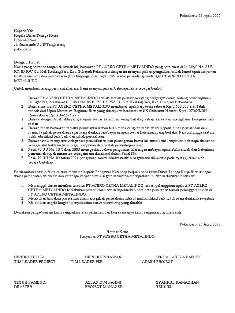 Surat Pengaduan Disnaker | PDF