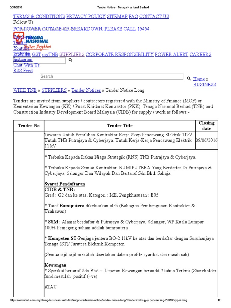 Tender Notice - Tenaga Nasional Berhad | PDF