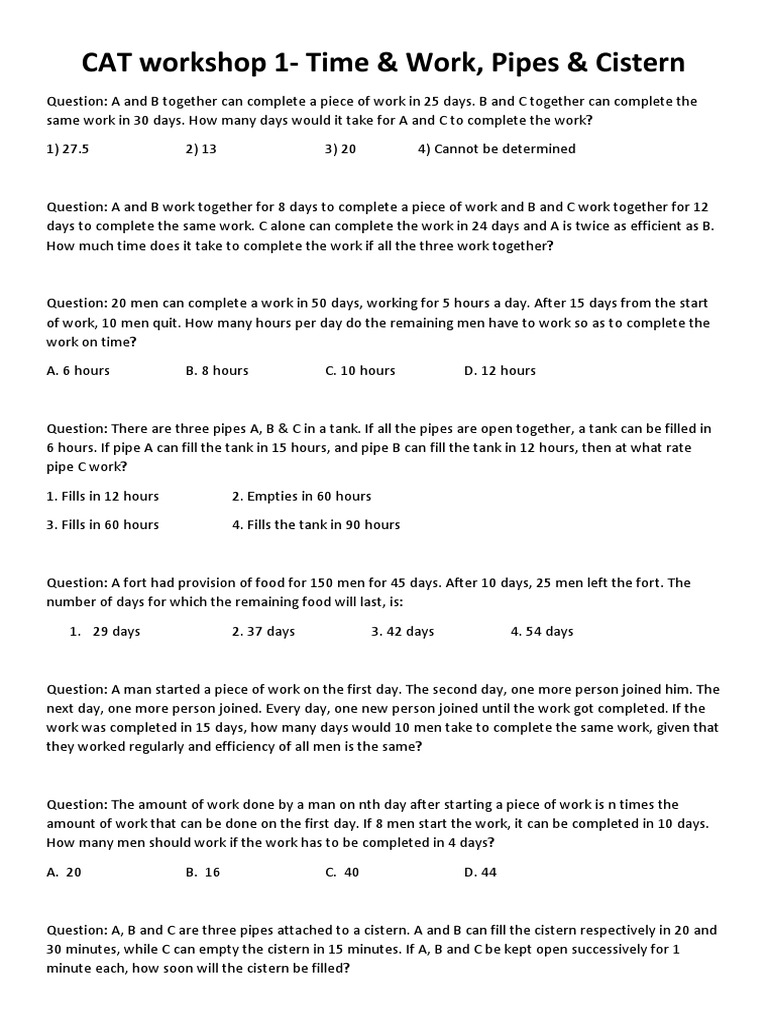 CAT Workshop: Time & Work, Pipes & Cisterns | PDF | Teaching Methods & Materials