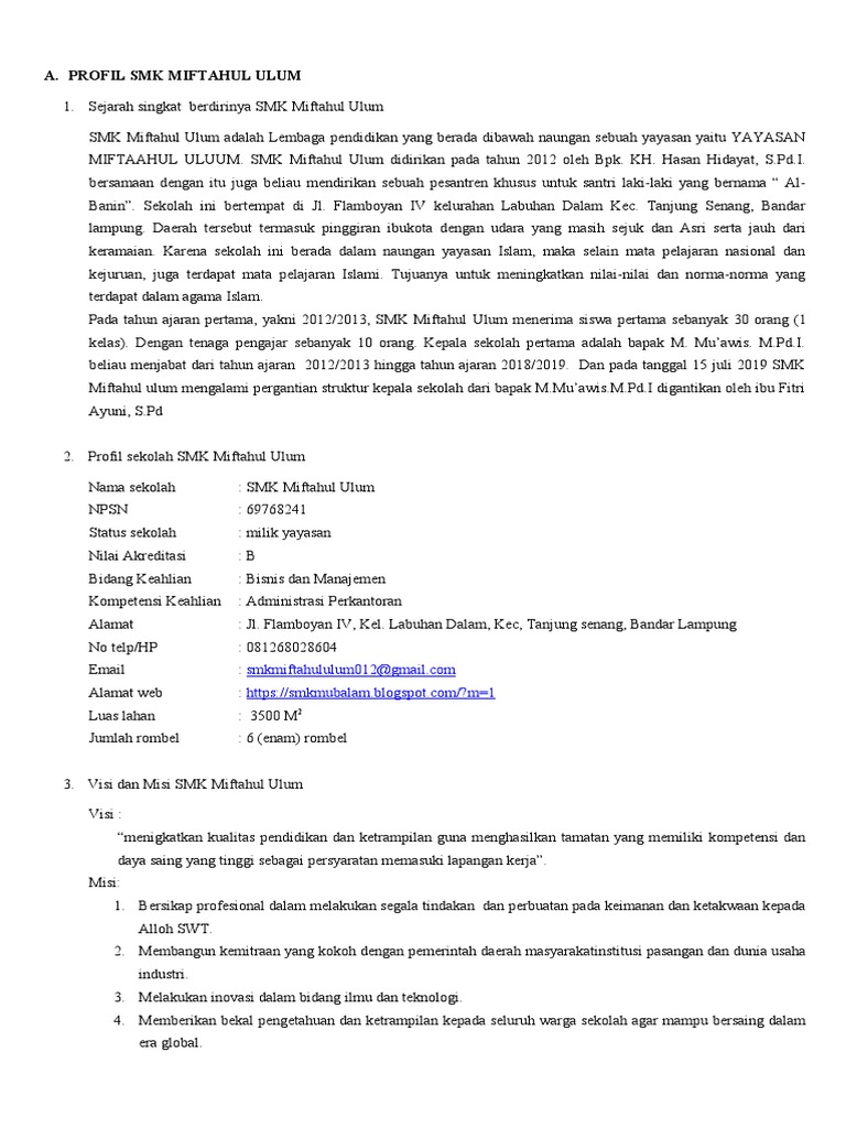 Profil SMK Miftahul Ulum Bandar Lampung | PDF