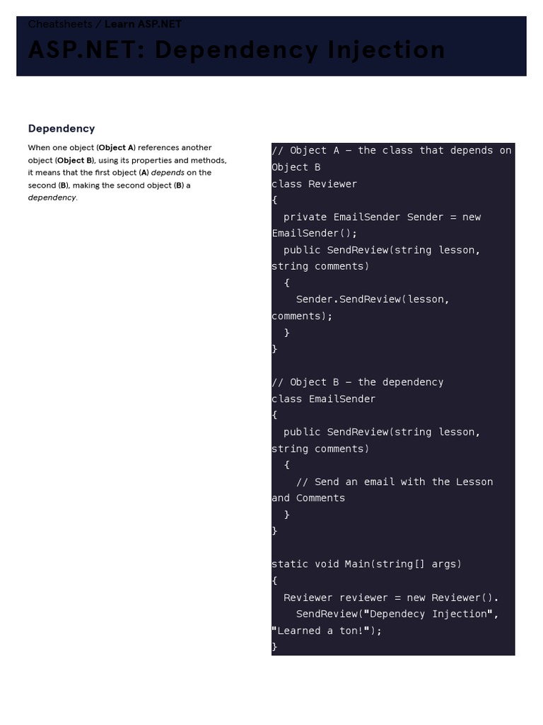Learn Asp Net Asp Net Dependency Injection Cheatsheet Pdf Class Computer Programming