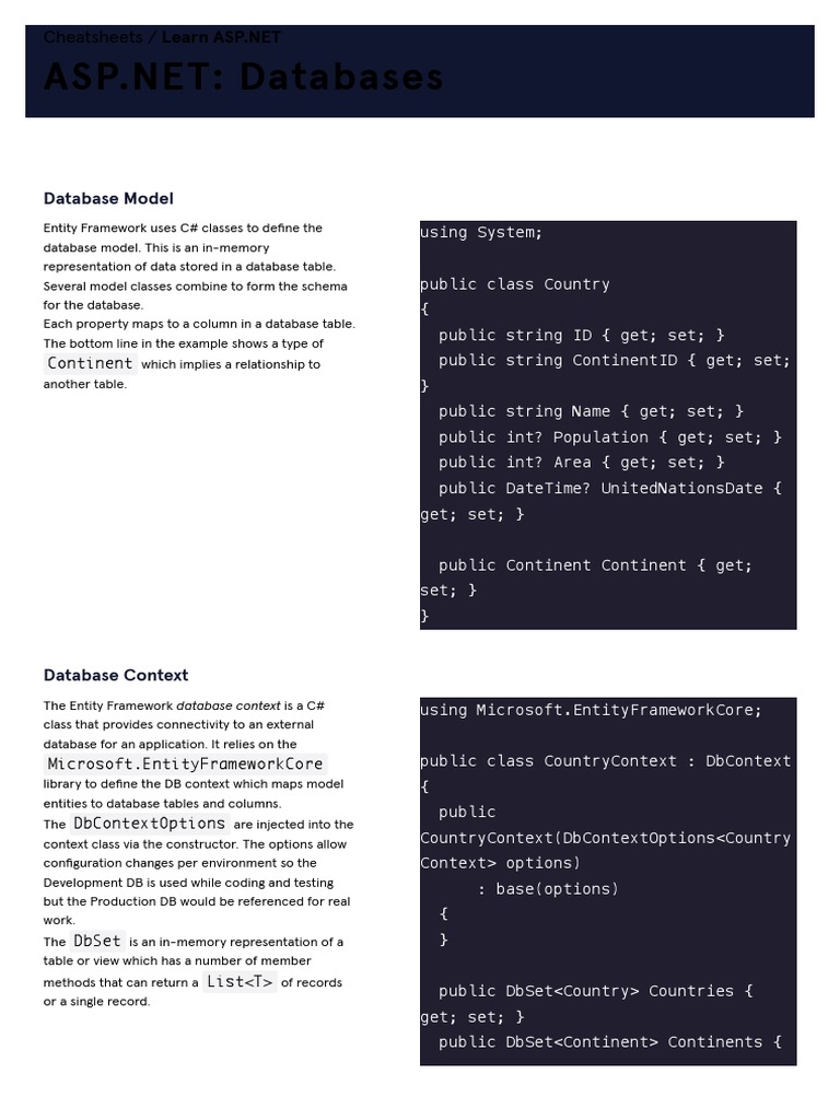Learn Asp Net Asp Net Databases Cheatsheet Pdf Entity Framework Databases 4228