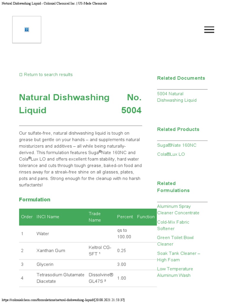 Natural Dishwashing Liquid - Colonial Chemical Inc US-Made Chemicals | PDF | Liquids | Surfactant