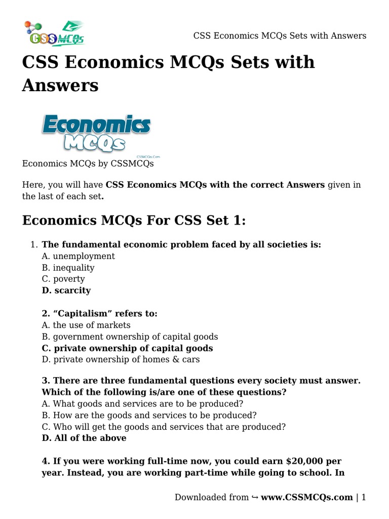 CSS Economics MCQs Sets With Answers | PDF | Elasticity (Economics) | Business