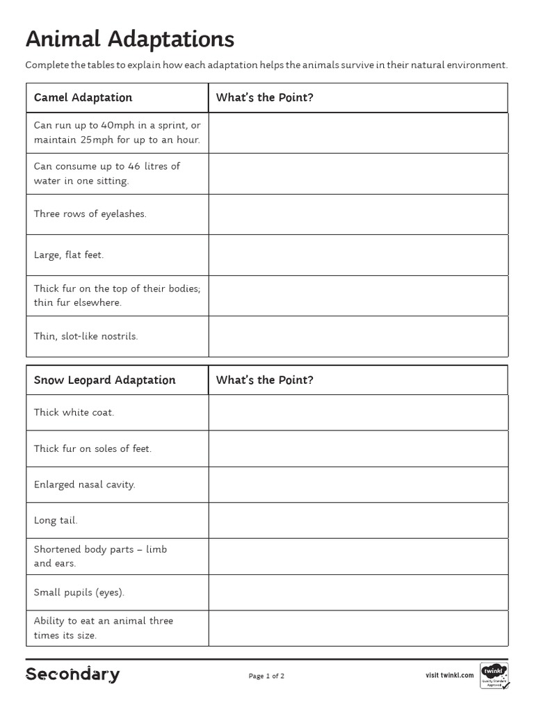 Animal Adaptations To Extreme Environments Middle Ability Activity ...