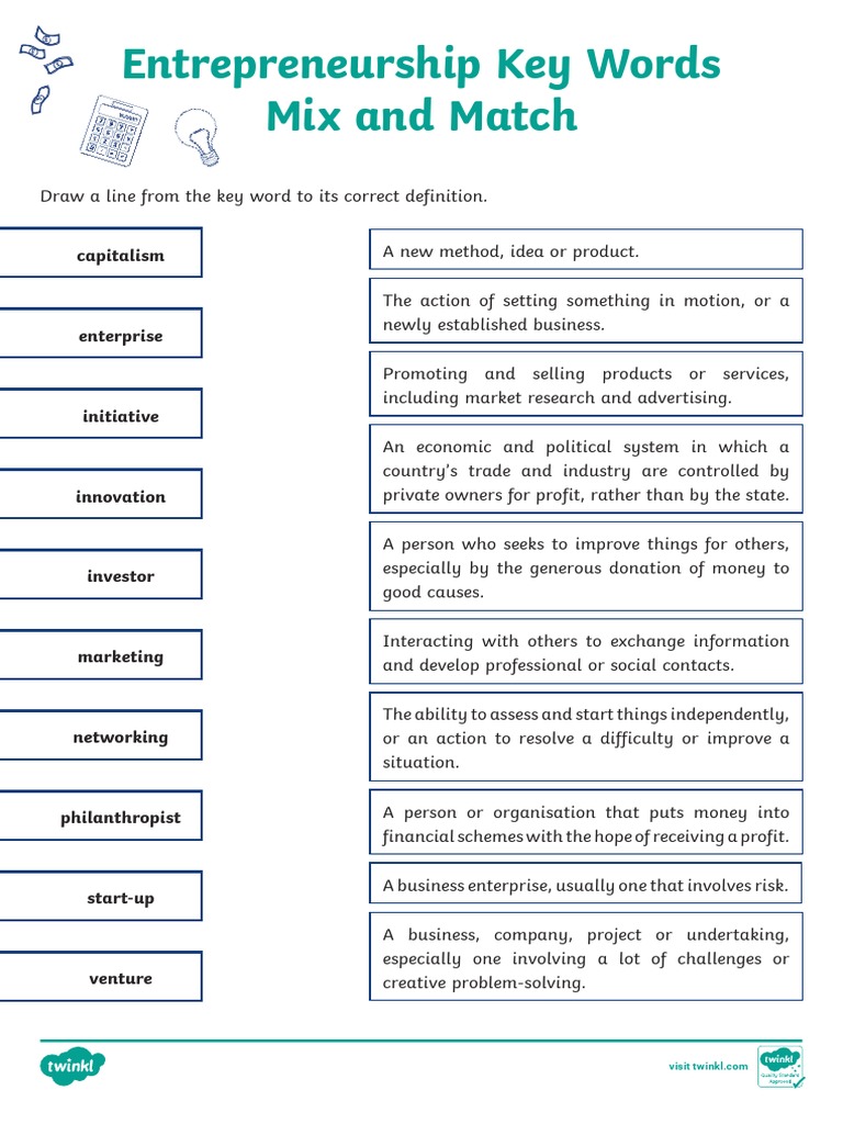 Entrepreneurship Key Words Mix and Match Activity | PDF ...