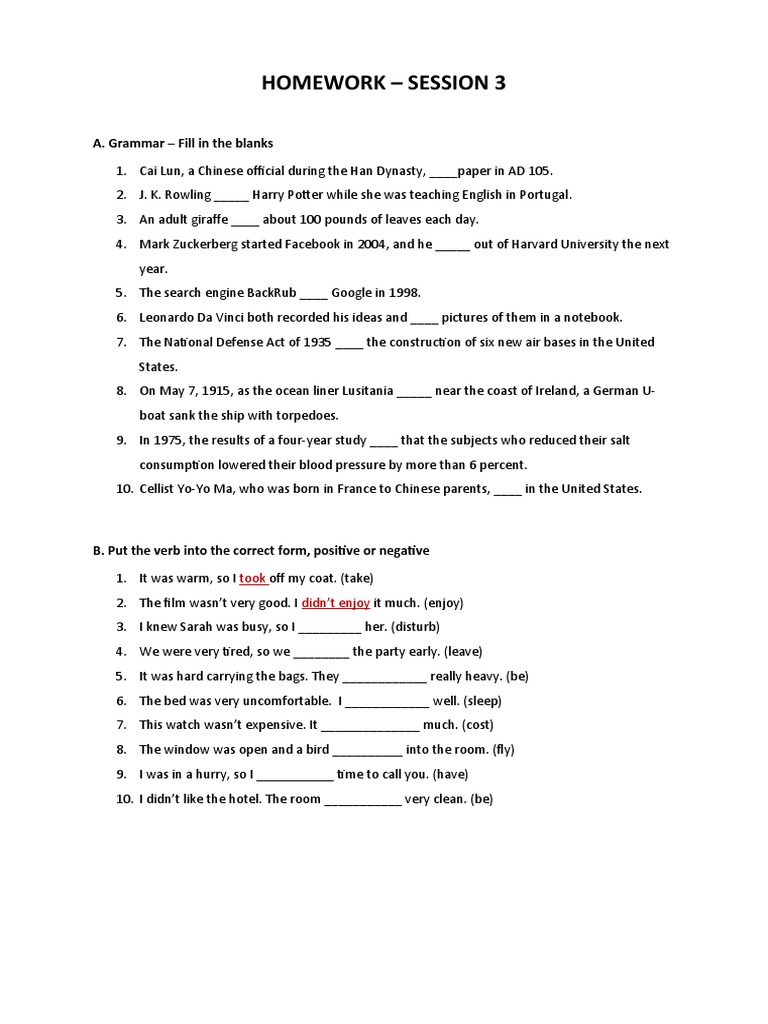 Homework - Session 3: A. Grammar - Fill in The Blanks | PDF | Physical ...