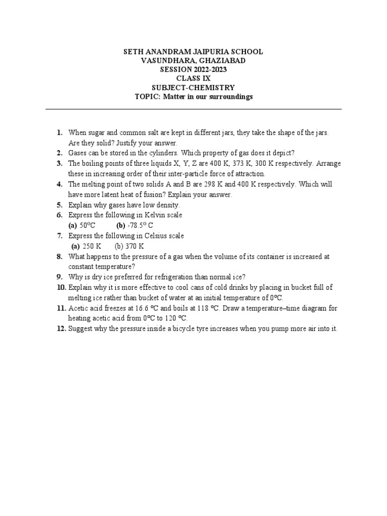 Class Ix Worksheet Matter in Our Surroundings-Practice | PDF