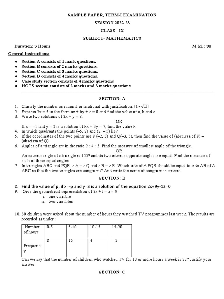 Class 9 Maths Sample Paper Term 1 | PDF | Triangle | Area