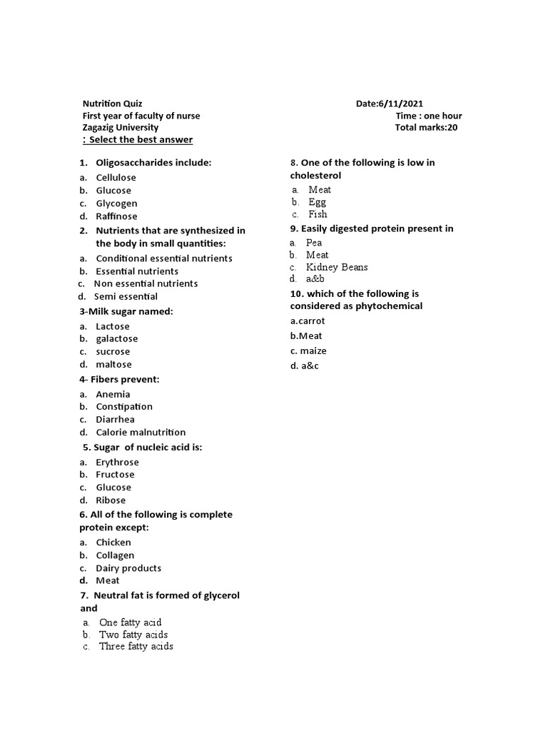 Quiz On Nutrition Ist Chapter | PDF | Wellness