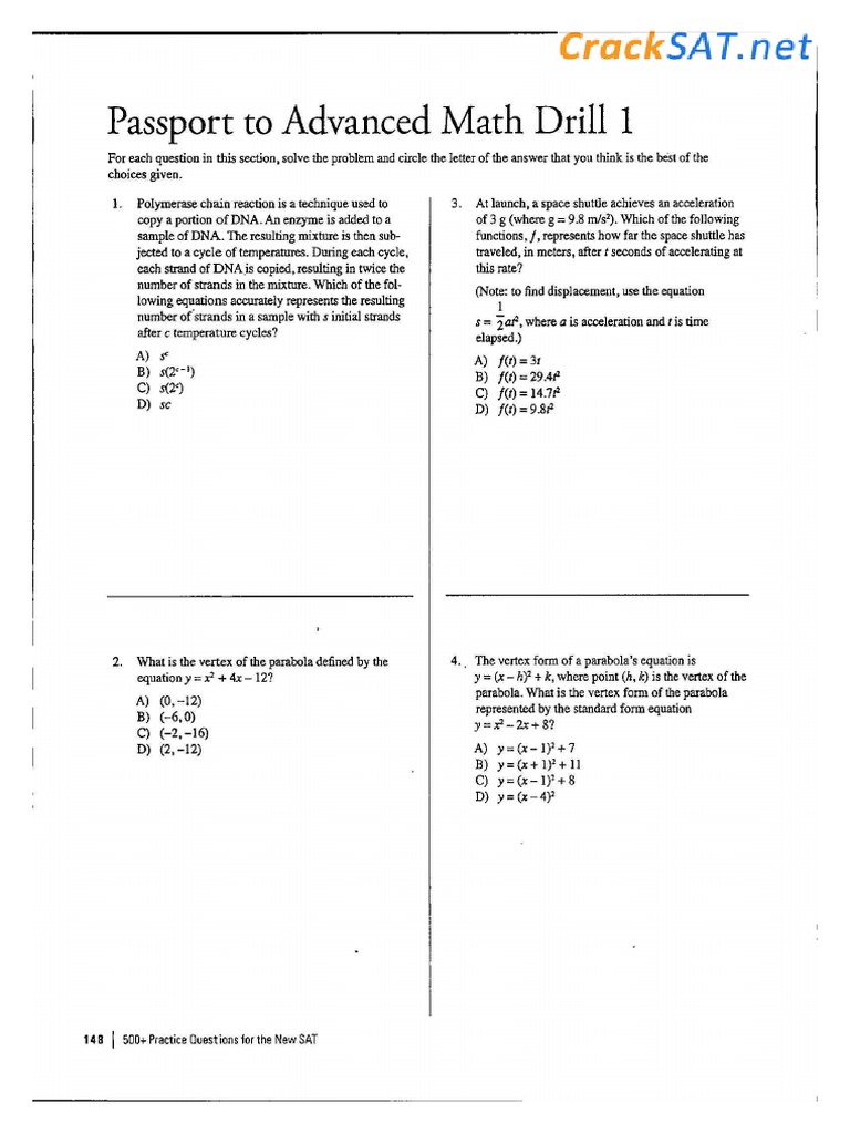 SAT Passport To Advanced Math Practice Test 1 | PDF