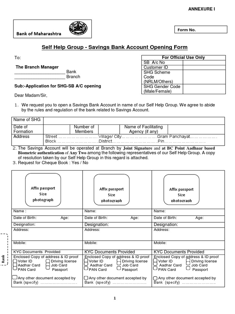 Self Help Group - Savings Bank Account Opening Form | PDF | Signature ...