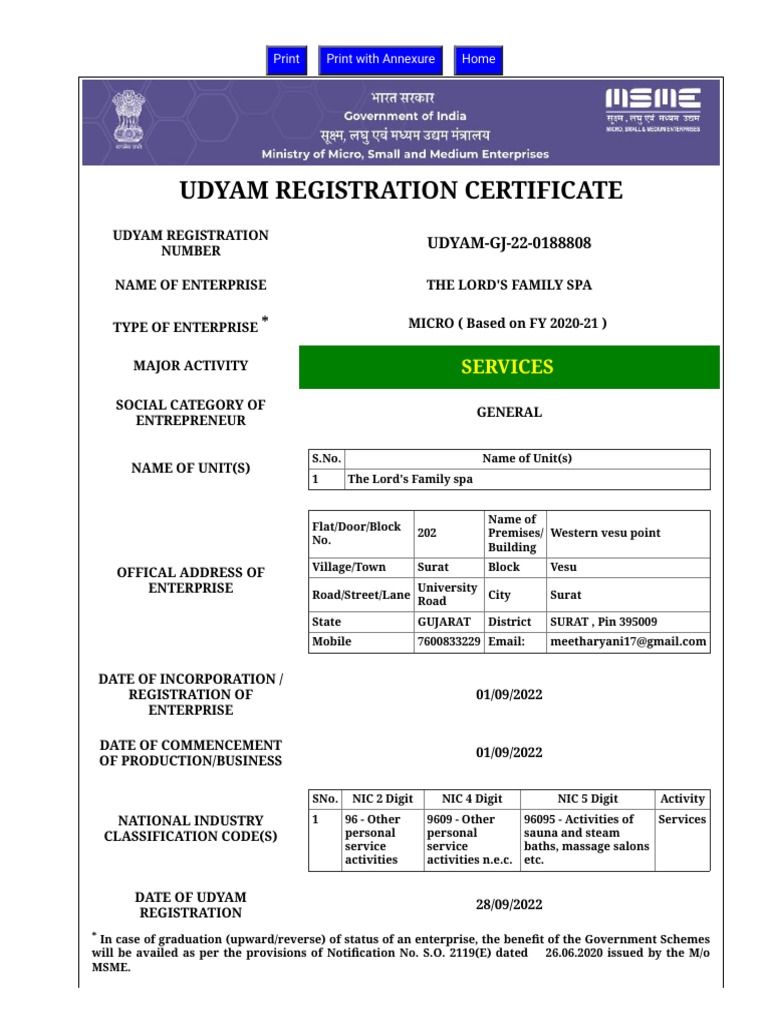 Udyam Registration Certificate - The Lord's Family Spa | PDF | Computing