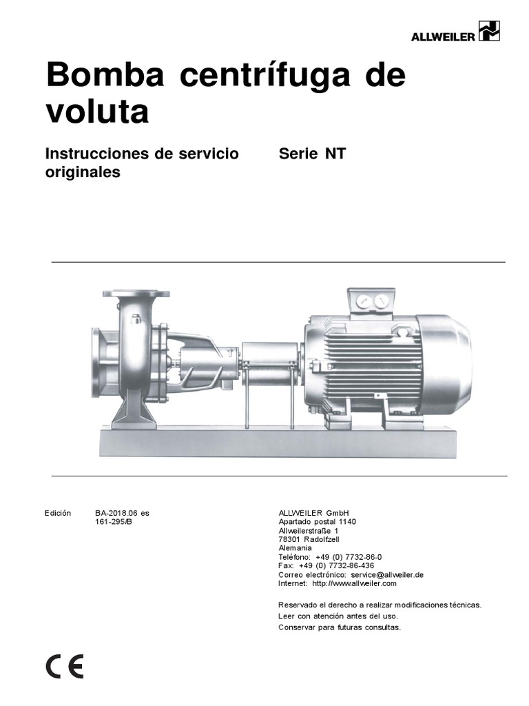 Bomba Centrífuga de Voluta: Instrucciones de Servicio Originales Serie NT | PDF | Bomba | Física ...