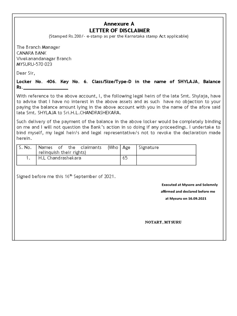 Canara Bank H L Chandrashekar Annexure A - Letter of Disclaimer Ver 1.1 ...