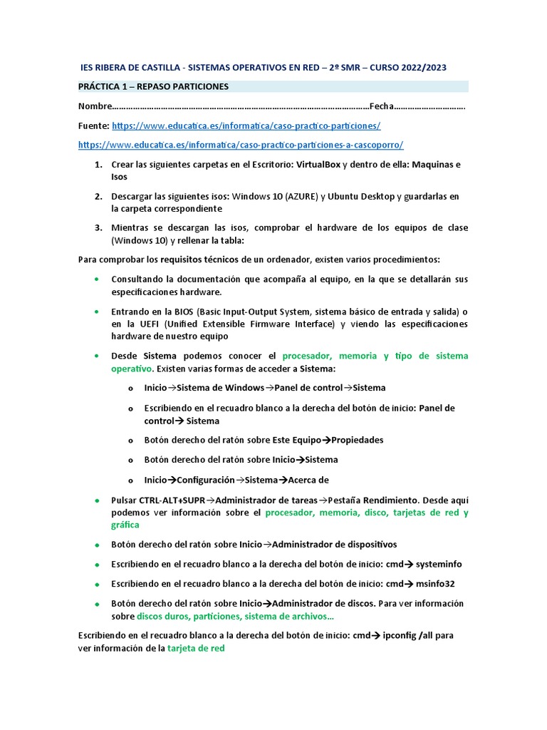 SanzRiescoHector Practica 1 Repaso Particiones | PDF | Archivo de computadora | Sistema de archivos