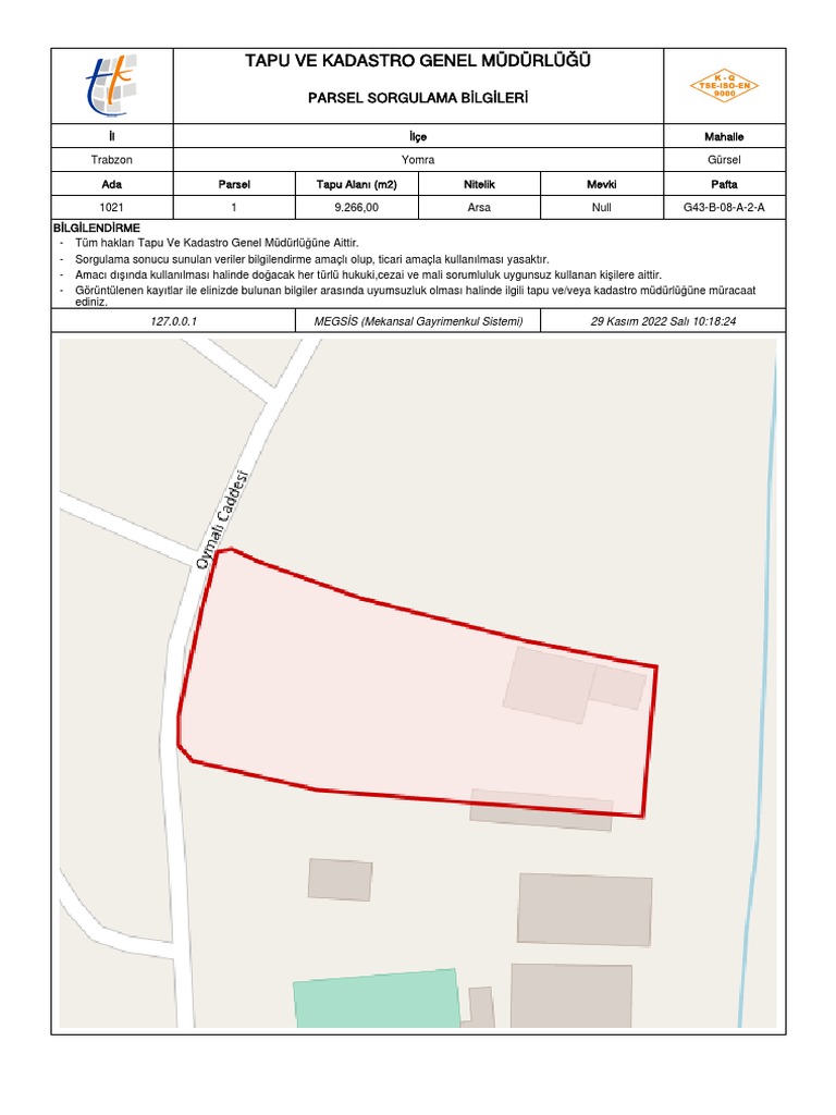 TKGM Parsel Sorgu Sonuc 1021 Ada 1 Parsel | PDF