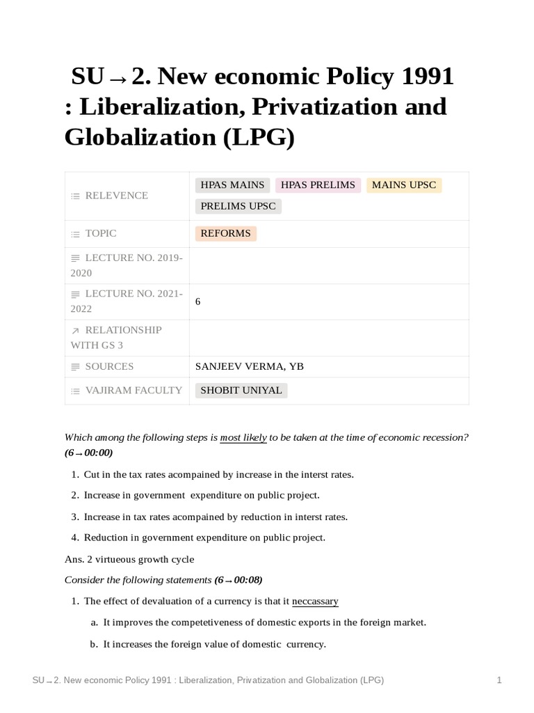 SU2. New Economic Policy 1991 Liberalization Privatization and ...