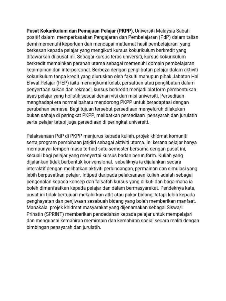 Pusat Kokurikulum Dan Pemajuan Pelajar (PKPP), Universiti Malaysia Sabah | PDF