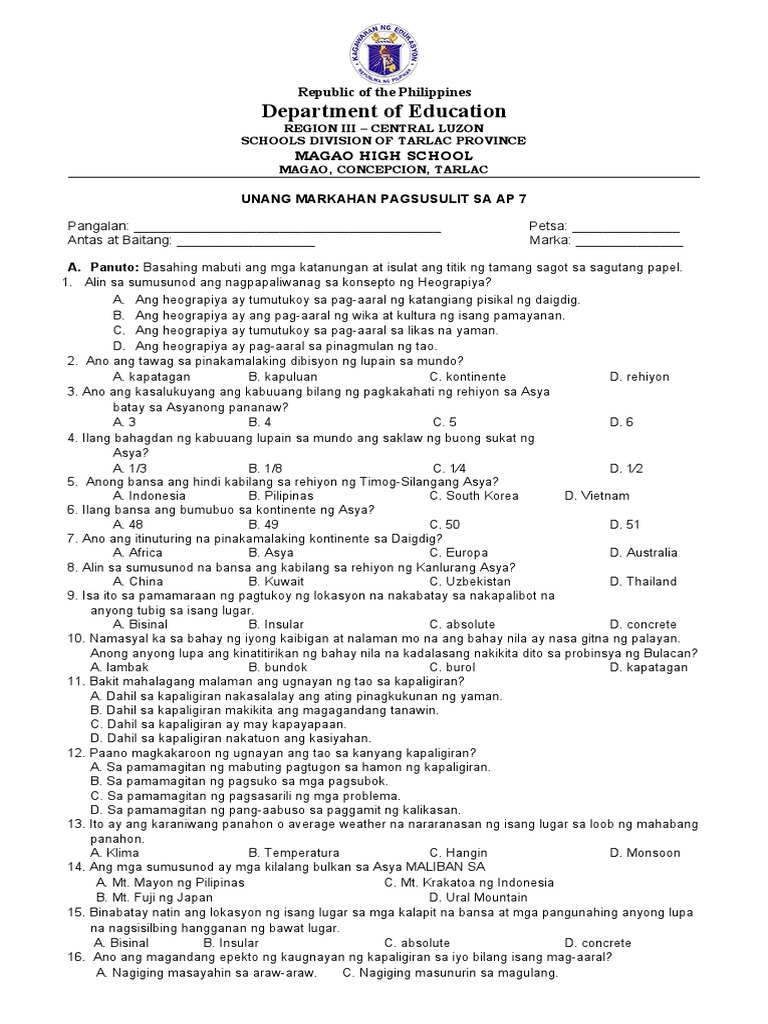 Unang Markahan Pagsusulit Sa Ap 7 | PDF