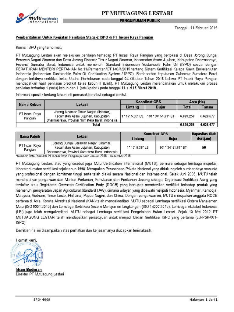 Pengumuman Publik ISPO Stage 2 PT Incasi Raya Pangian | PDF