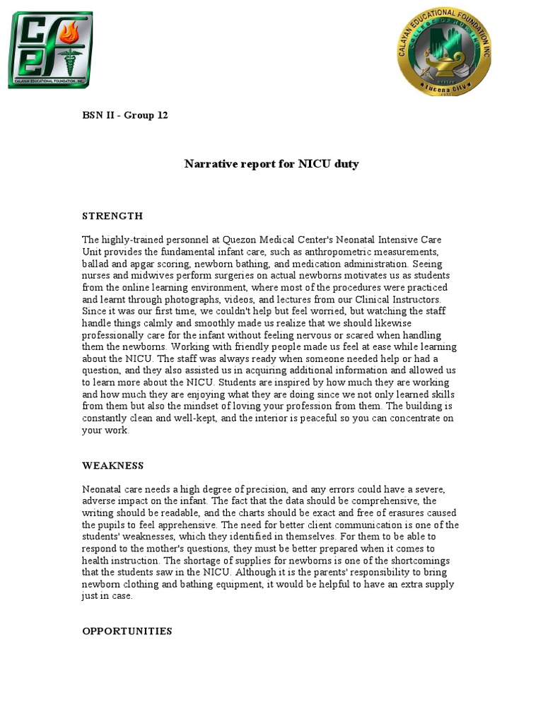 Narrative Report NICU Duty | PDF | Neonatal Intensive Care Unit | Infants