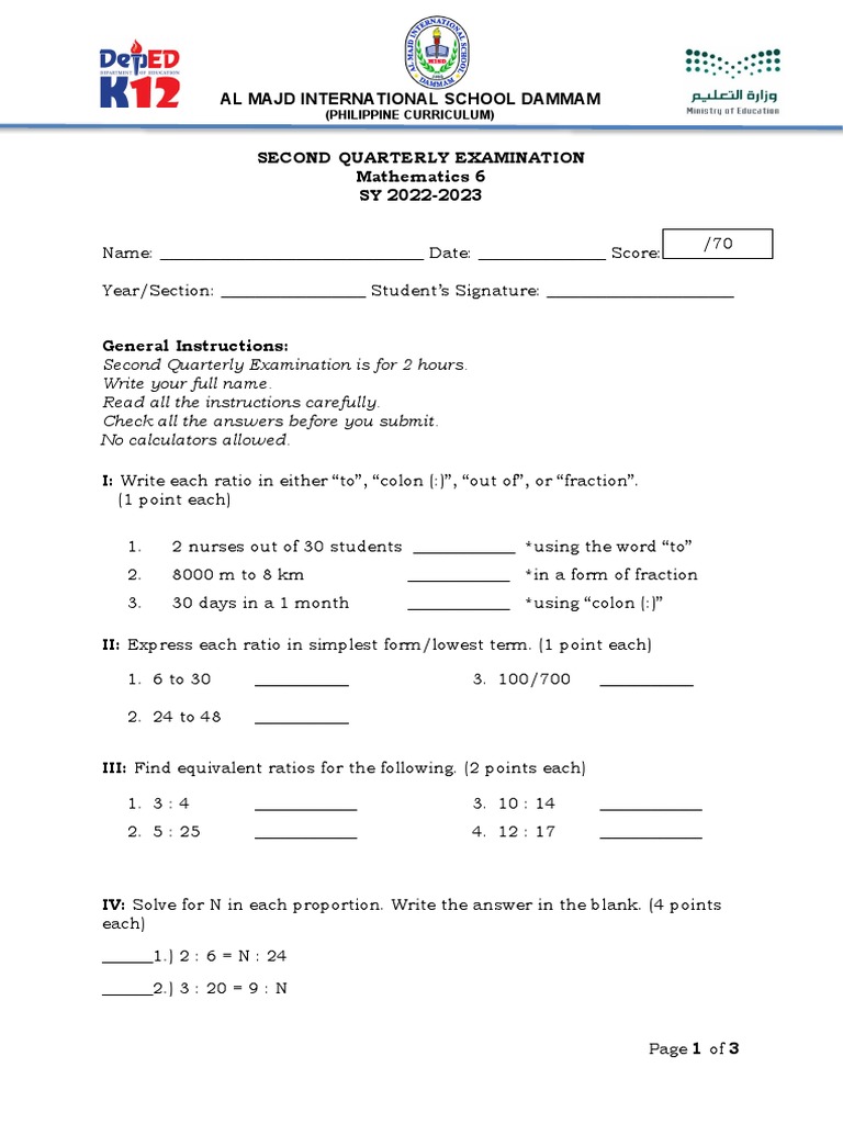 Math 6 SQ Exam | PDF | Ratio | Percentage