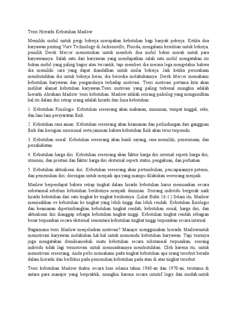 Teori Hierarki Kebutuhan Maslow | PDF