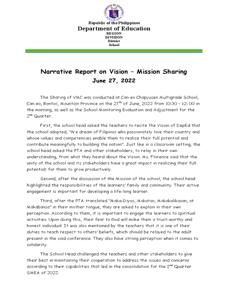 Narrative Report On The Vision Mission | PDF | Cognitive Science | Learning