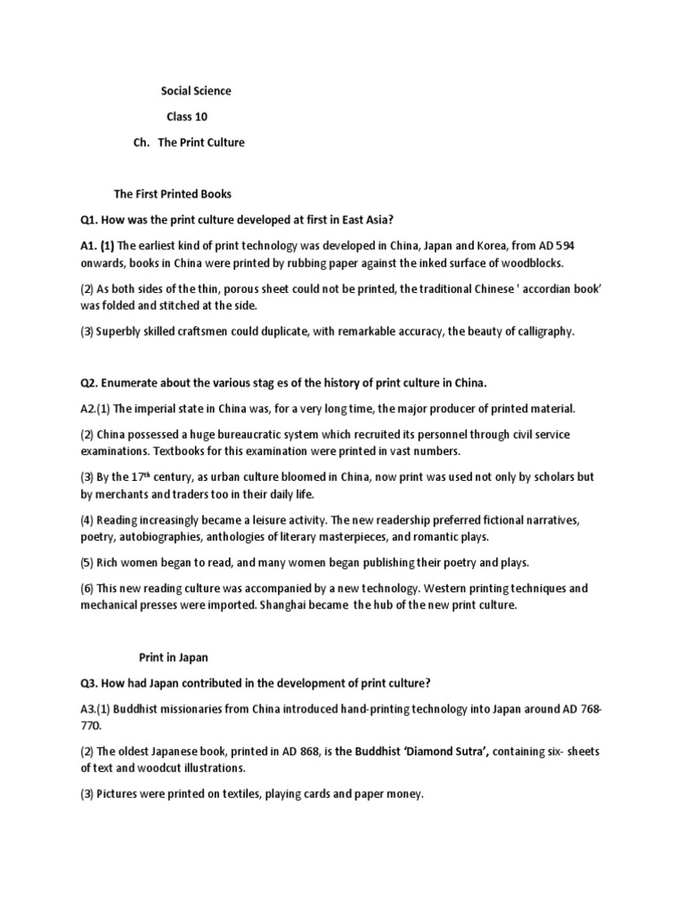 Notes The Print Culture (Class X History) | PDF | Books | Printing