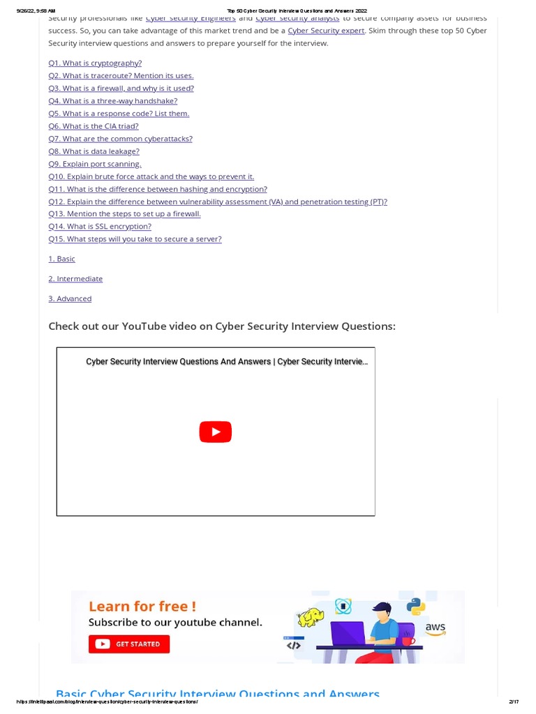 Top 50 Cyber Security Interview Questions and Answers 2022 | PDF | Transport Layer Security ...