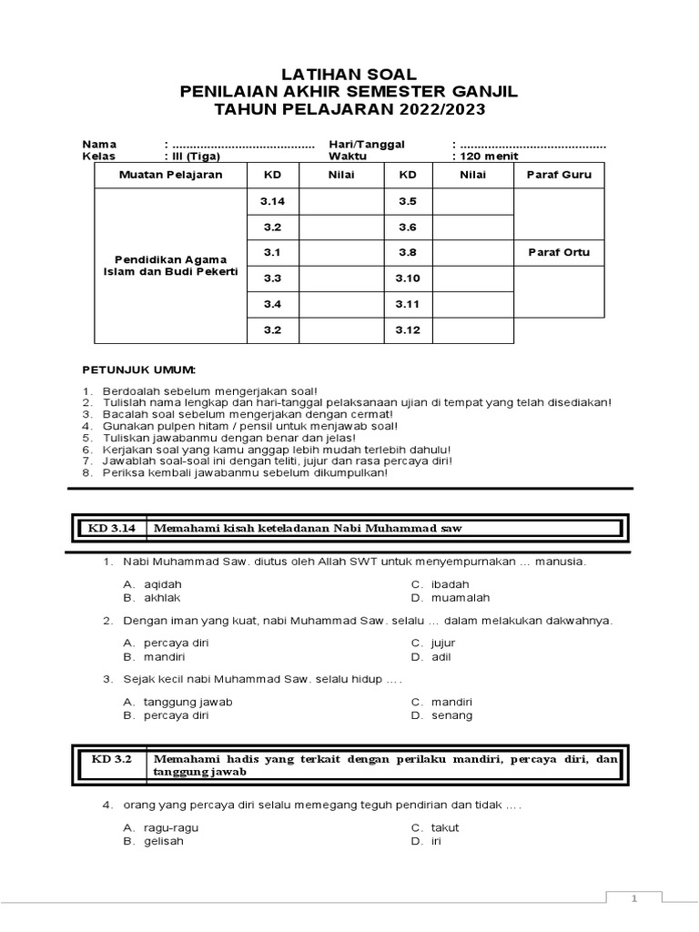 Kelas 3 - Soal Pai Pas Ganjil TP 2021-2022 | PDF