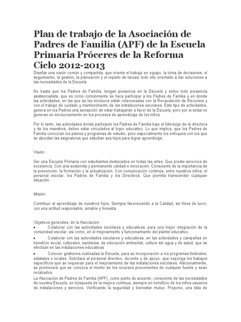 Plan de trabajo de la Asociación de Padres de Familia | PDF ... Plan de trabajo de la Asociación de Padres de Familia | PDF ...